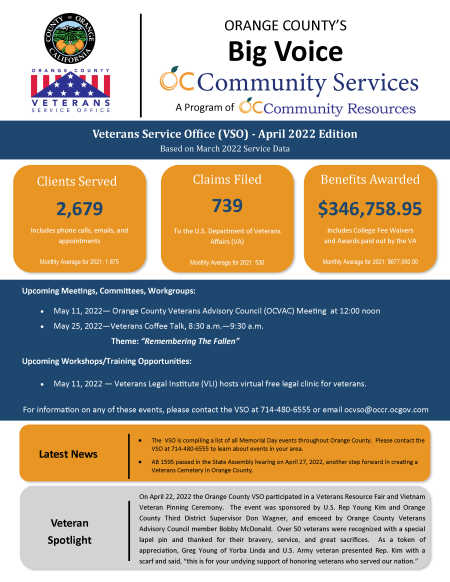 Big Voice Newsletter - April 2022 | OC Veterans Service Office